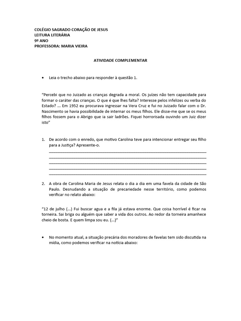 Ativ Complementar - Leitura Lit 9ano | PDF | Ciências Sociais