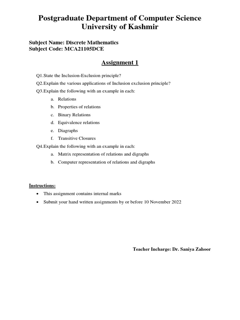 Discrete Mathematics - Assignment 1 | PDF