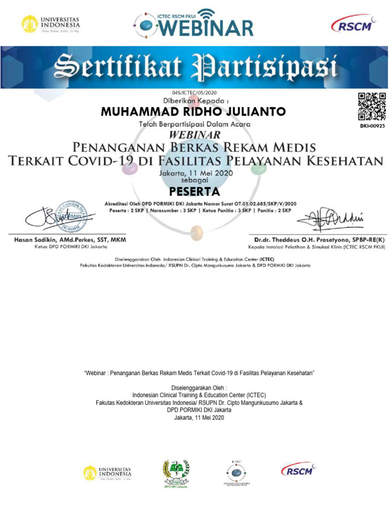 E-Certificate Webinar REKAM MEDIS MUHAMMAD RIDHO JULIANTO | PDF