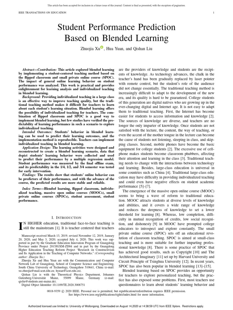 2020-Student Performance Prediction Based On Blended Learning | PDF | Multicollinearity | Cognition