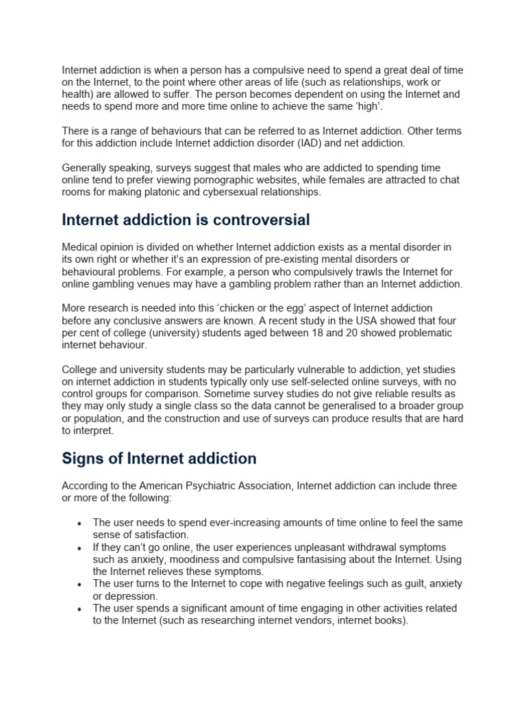Internet Addiction | PDF | Cognitive Behavioral Therapy | Behavioural ...