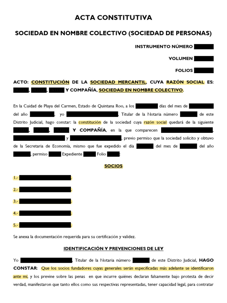 Sociedades Mercantiles - Acta Constitutiva Sociedad - Nombre Colectivo | PDF | Sociedad de ...