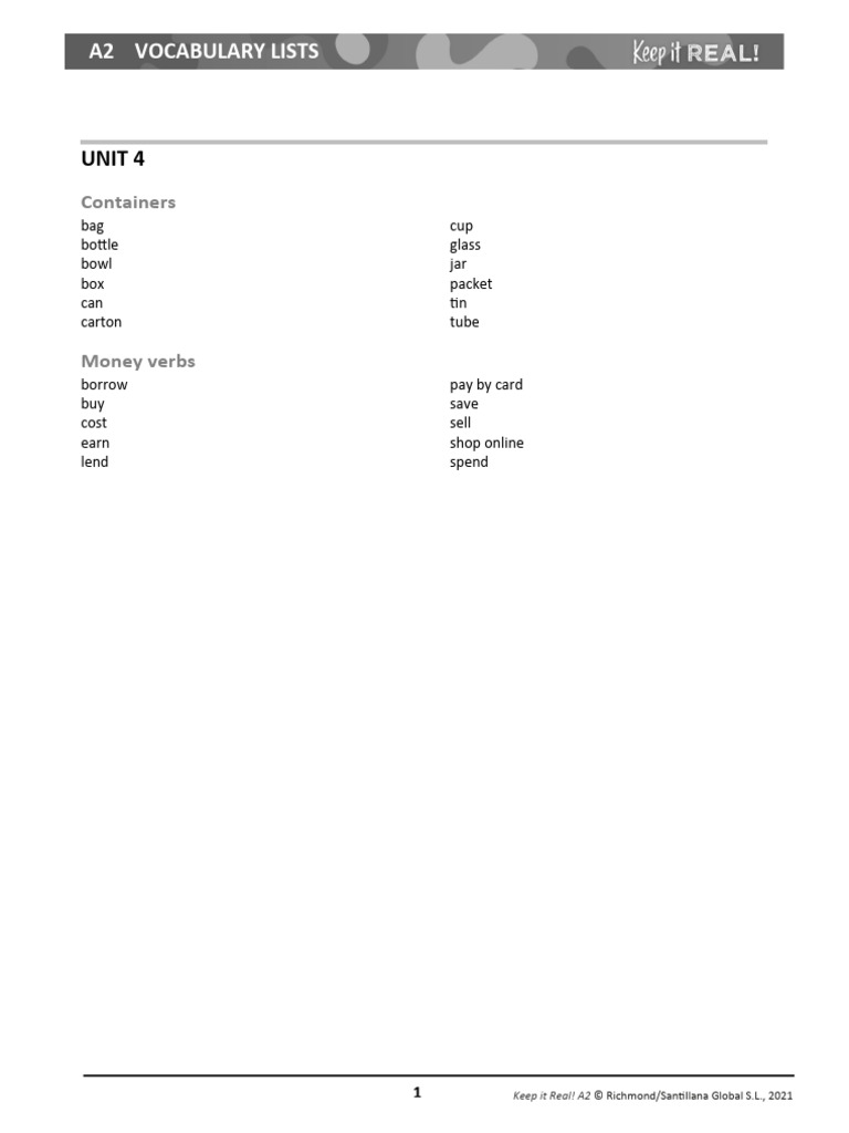 A2 Vocabulary List | PDF