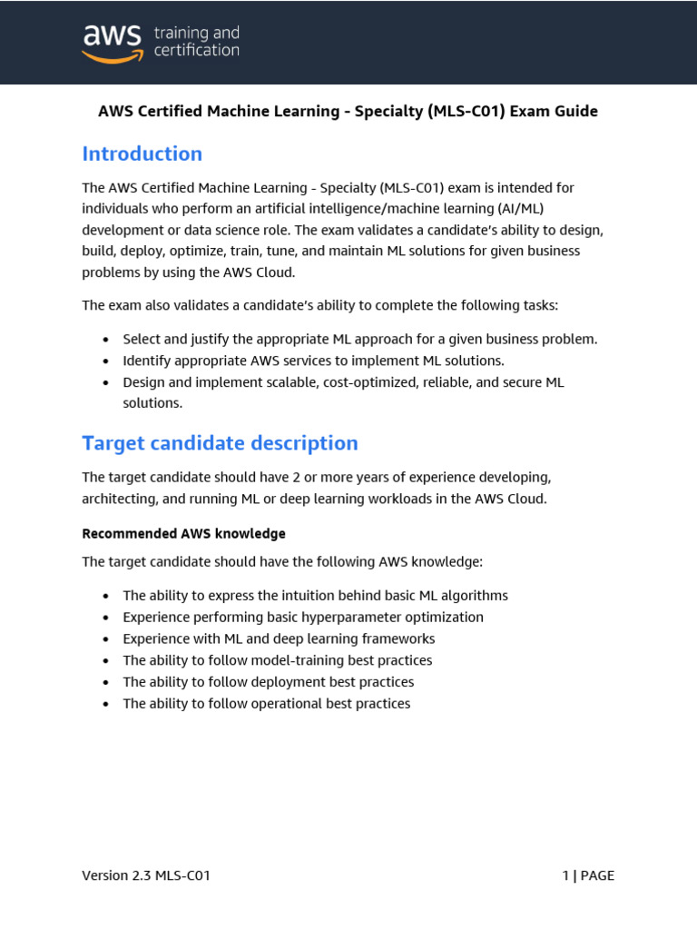 AWS MLS-C01 Exam Preparation Guide | PDF | Machine Learning | Amazon ...