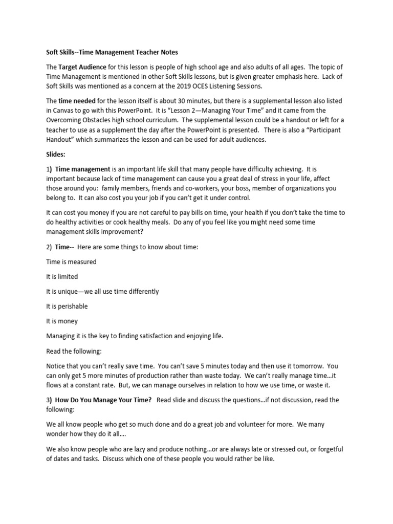 Soft Skills - Time Management Teacher Notes | PDF