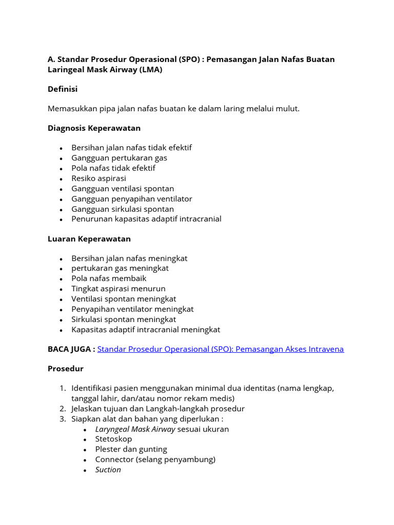 SPO Pemasangan Jalan Nafas Buatan Laringeal Mask Airway (LMA) | PDF