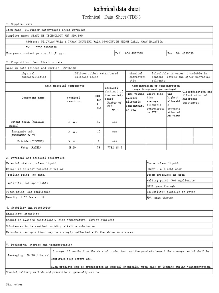 矽橡膠水性離型劑 DW-2643 TDS - 1 - 1 - translate | PDF | Solubility | Water