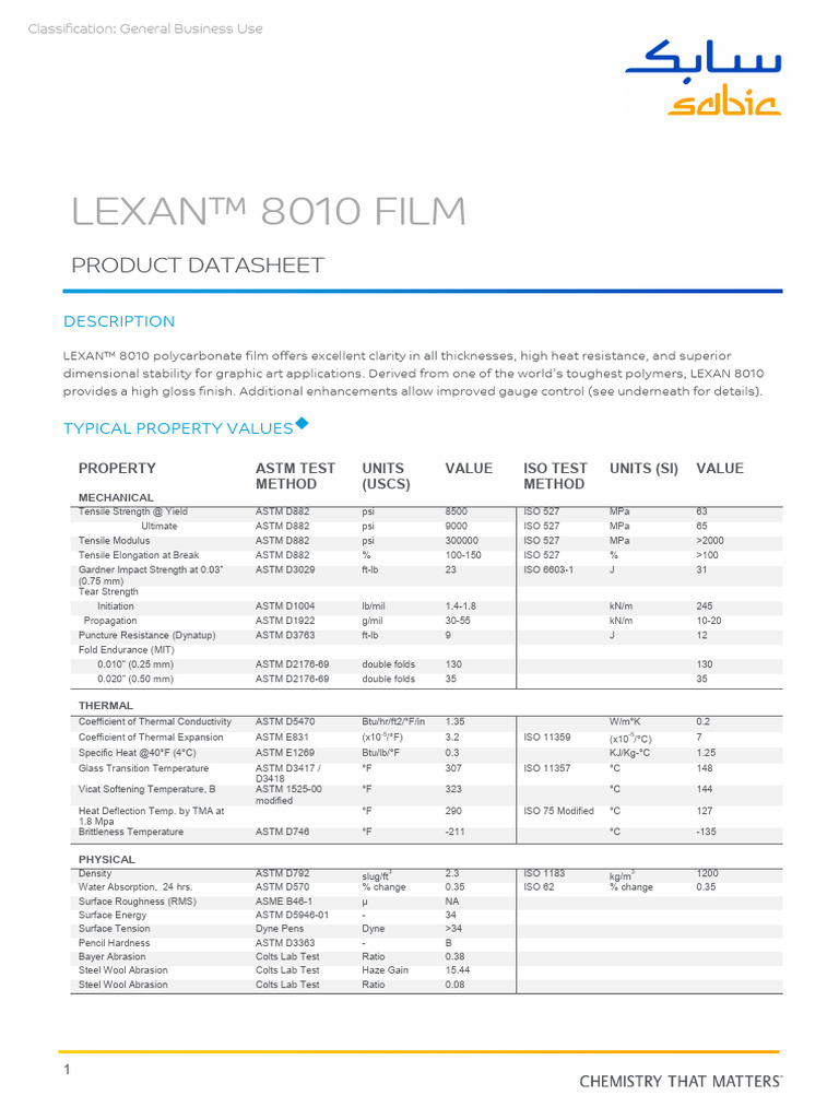 LEXAN 8010 Film Product Datasheet | PDF | Strength Of Materials ...