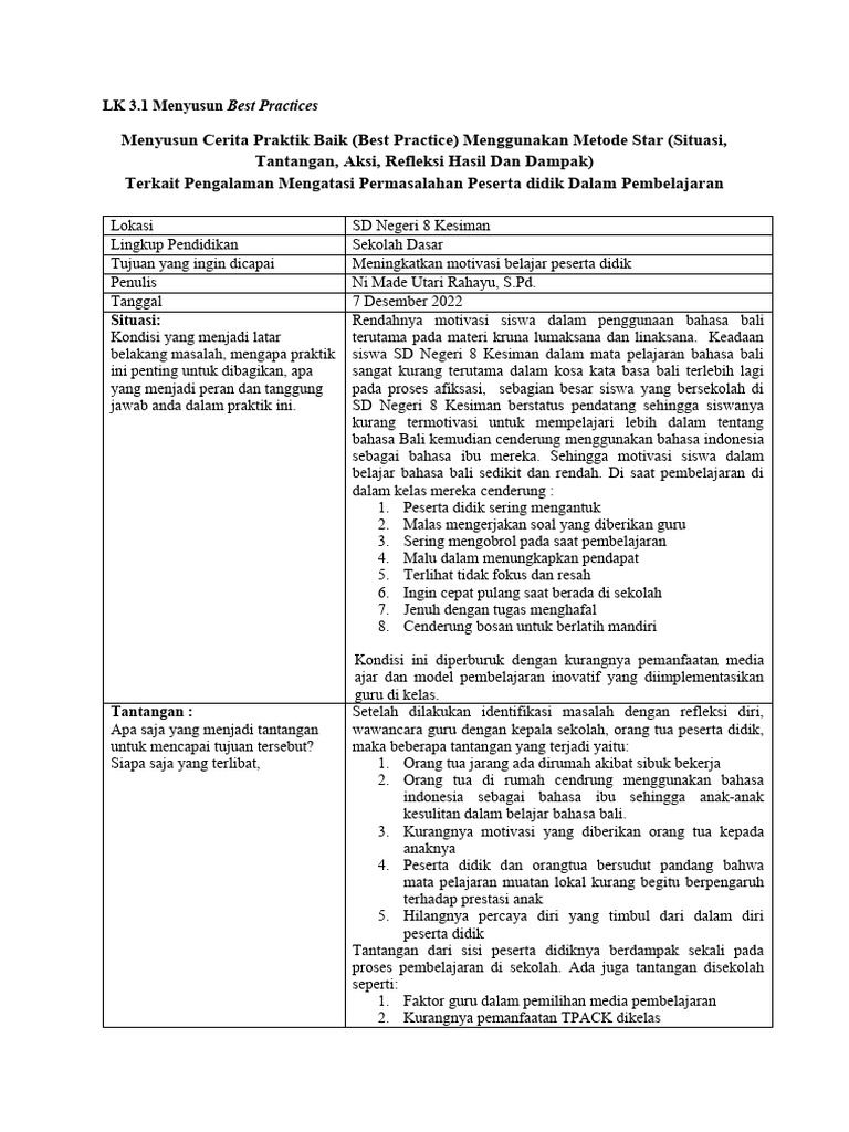 LK 3.1 Menyusun Best Practices - Ni Made Utari Rahayu | PDF