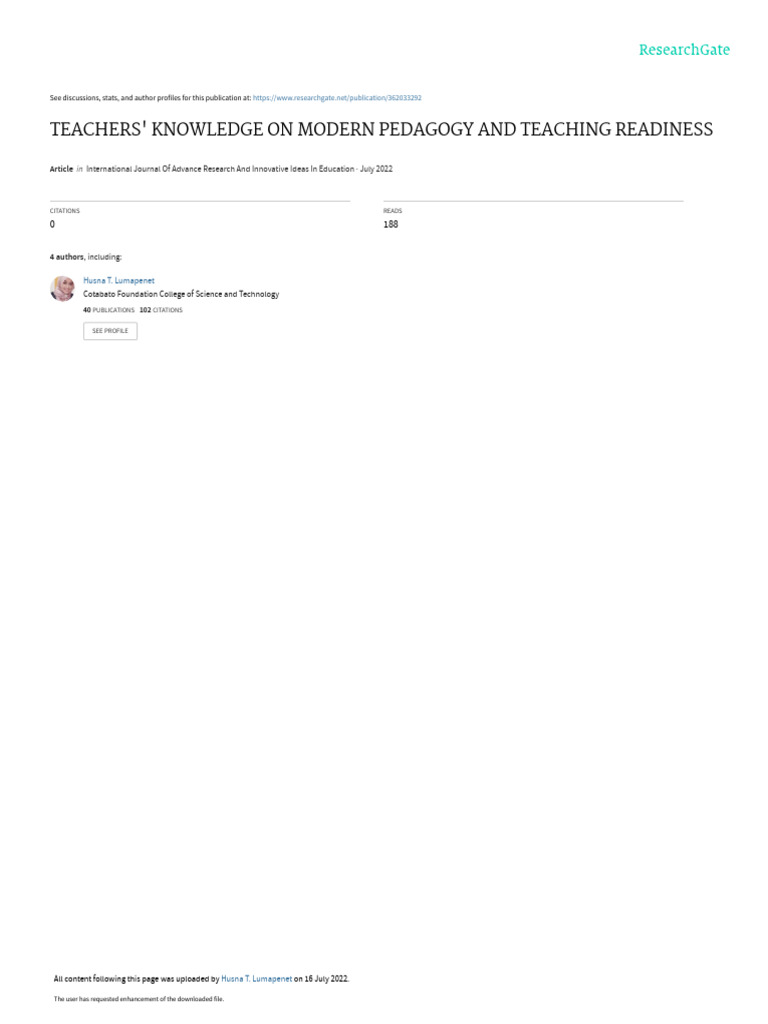 Teachers Knowledge On Modern Pedagogy and Teaching Readiness Ijariie17754 | PDF | Pedagogy ...