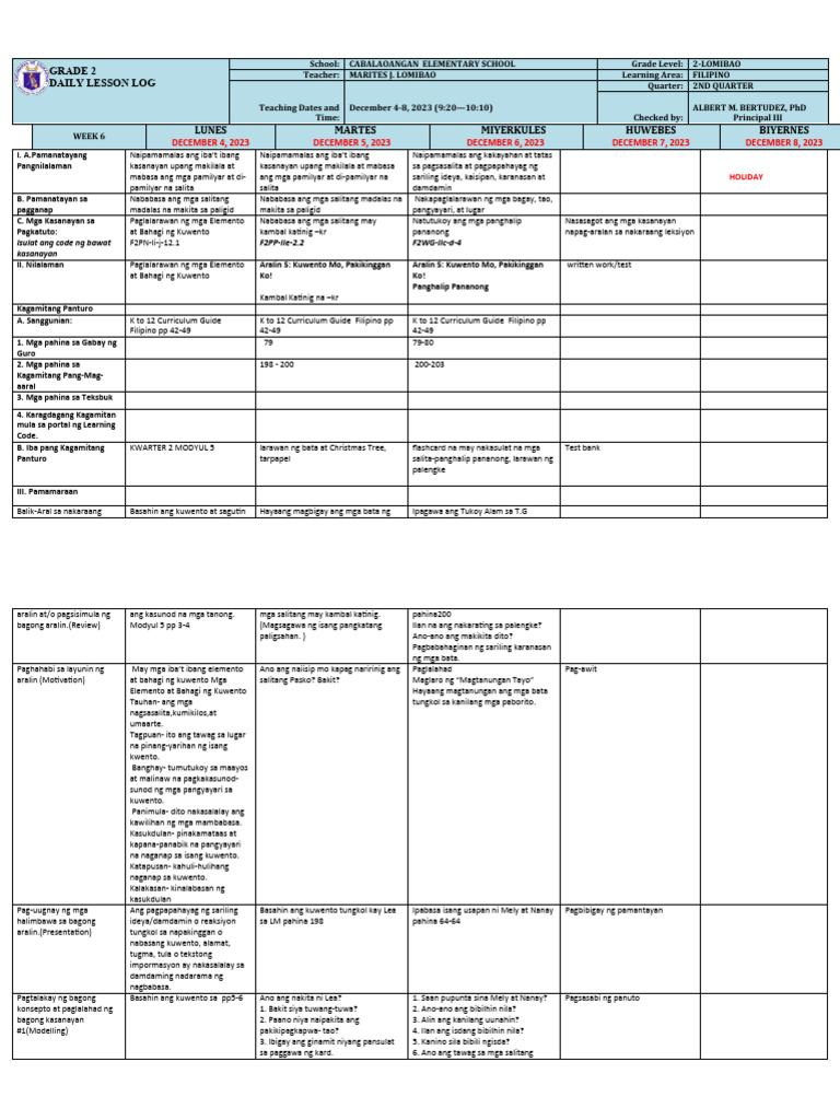 DLL FILIPINO-2 Q2w6 | PDF
