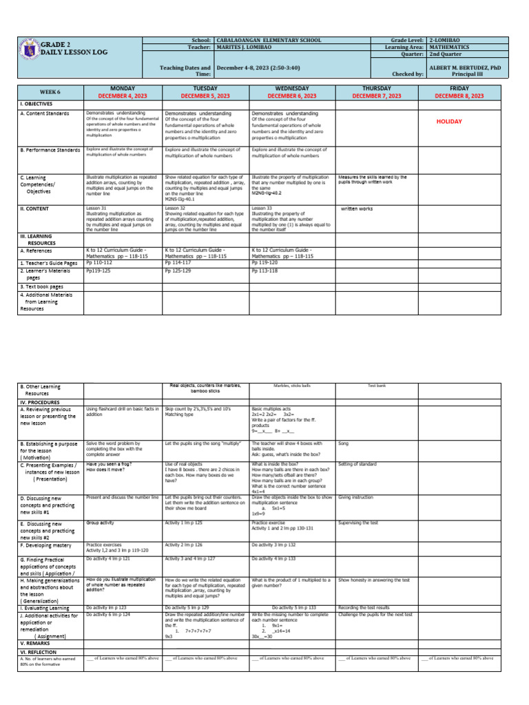 DLL Mathematics-2 Q2 W6 | PDF | Multiplication | Curriculum