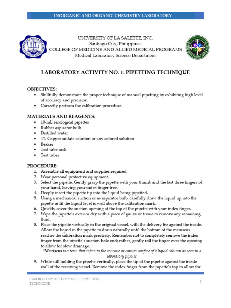 Pipetting Technique Lab Guide | PDF | Laboratories | Chemistry