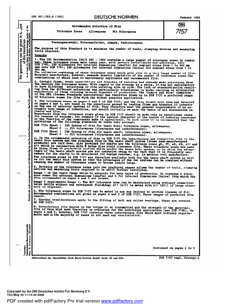 DIN 7157 - Fit Tolerances | PDF