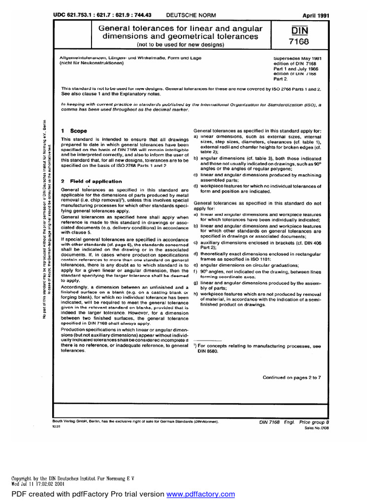 DIN 7168 Machine - Toler | PDF