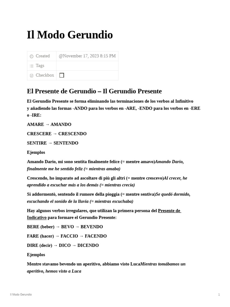 Uso del Gerundio en Italiano | PDF | Verbo | Conjugación gramatical