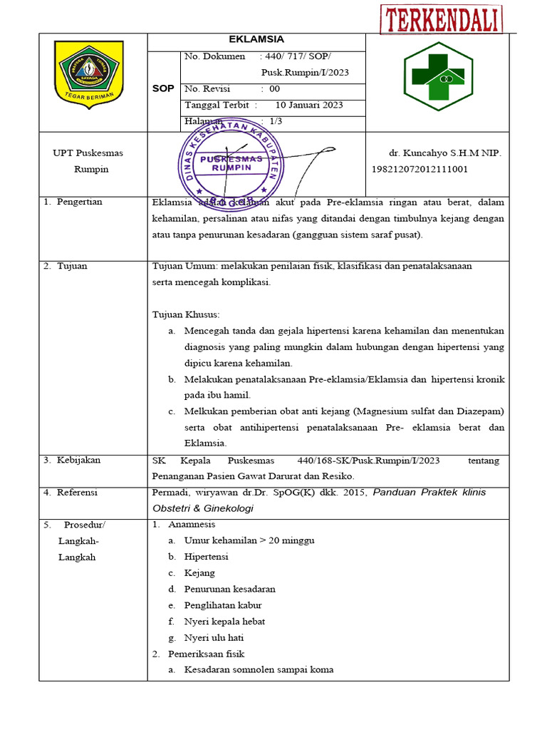 SOP Eklamsia untuk Tenaga Medis | PDF