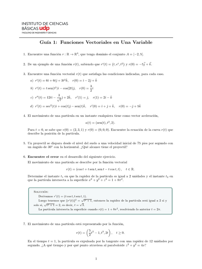 Guia 1 Funciones Vectoriales | PDF | Curva | Vector Euclidiano