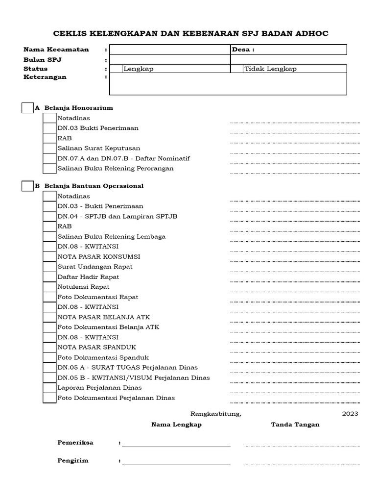 CEKLIS SPJ - Honorarium Dan BOP - REV 1 | PDF