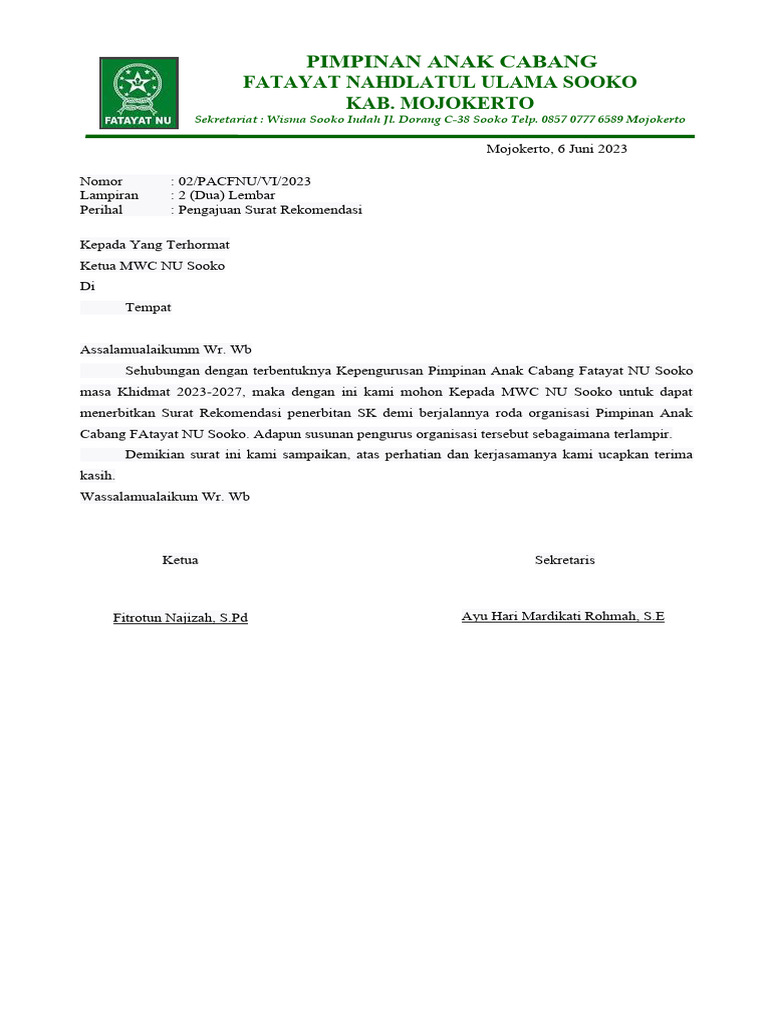 Surat Rekomendasi Fatayat NU Sooko | PDF | Politik | Gaya Hidup