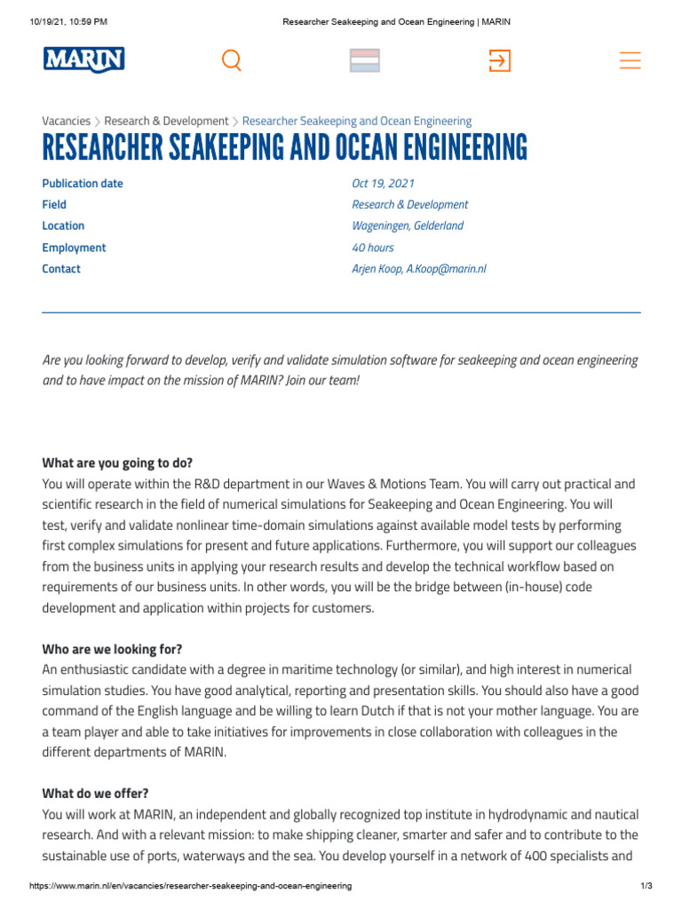 Researcher Seakeeping and Ocean Engineering - MARIN | PDF | Simulation | Engineering