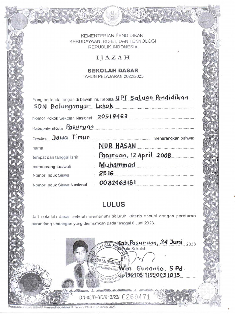 Gabungan Ijazah 2022-2023 SDN Balunganyar | PDF