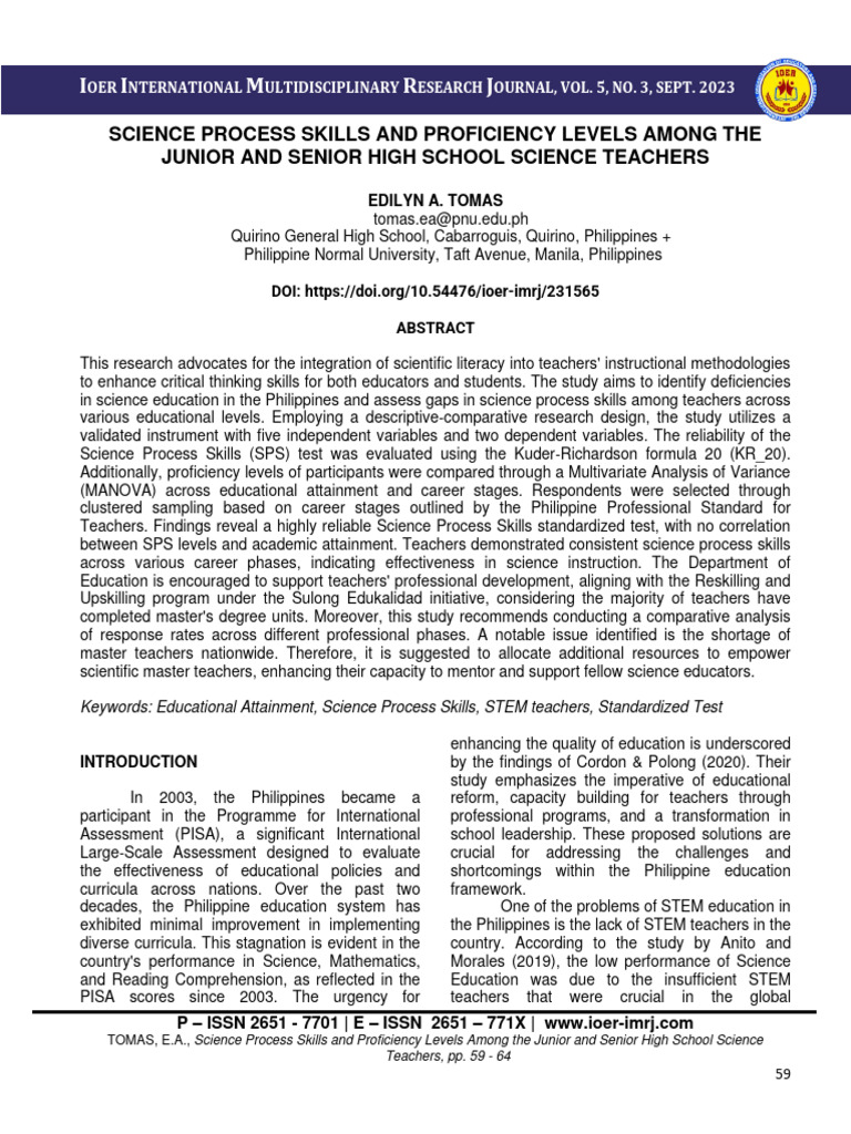 Science Process Skills and Proficiency Levels Among the Junior and ...