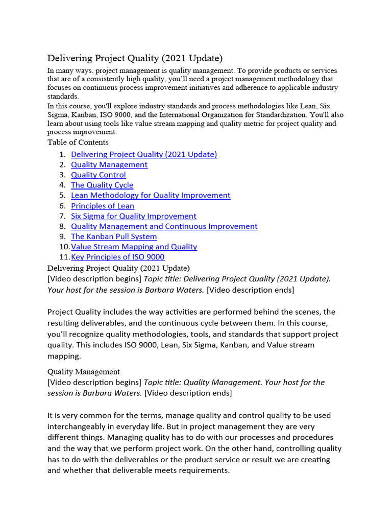 Project Quality Management 2021 Update | PDF | Six Sigma | Lean ...