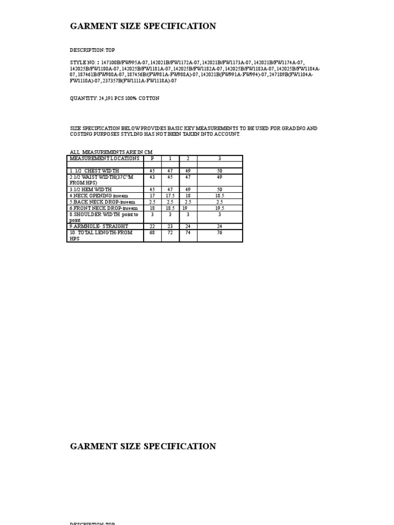 Garment Size Specification | PDF | Seam (Sewing) | Sweater