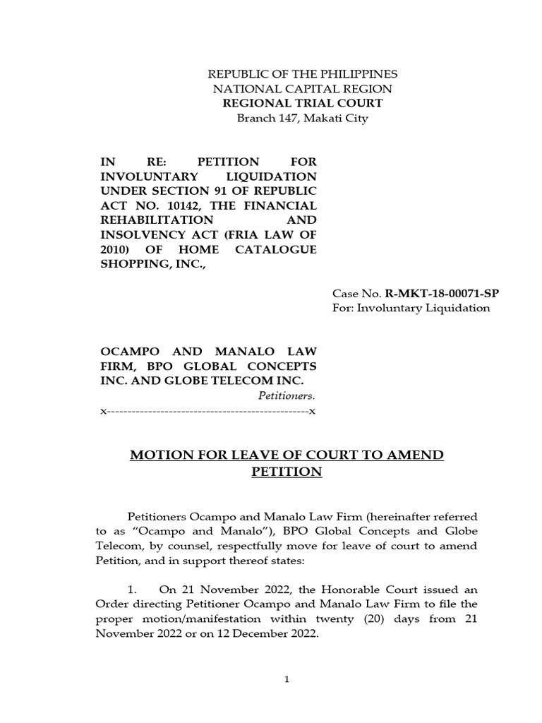 (HOME CATALOGUE) - Motion For Leave of Court To Amend Petition | PDF ...