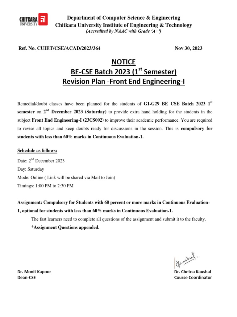 REMEDIAL CLASS NOTICE For The Subject of Front End Engineering (23CS002) - BE CSE Batch 2023 ...