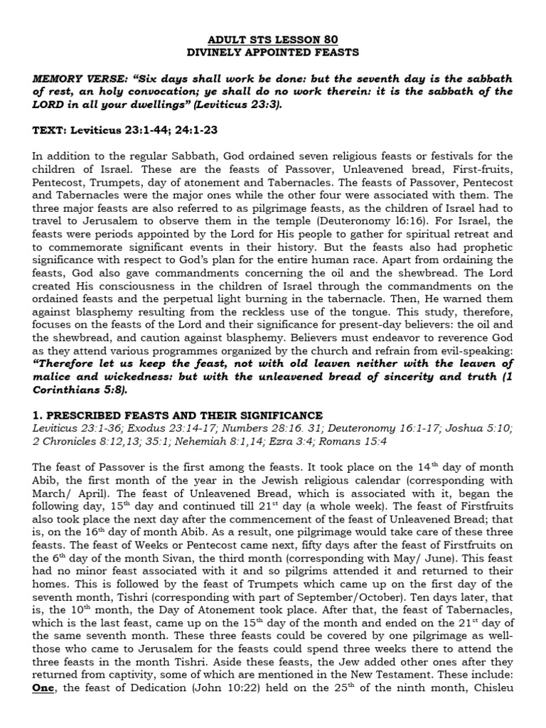 Adult STS Lesson 80 - Divinely Appointed Feasts | PDF | Passover | Jesus