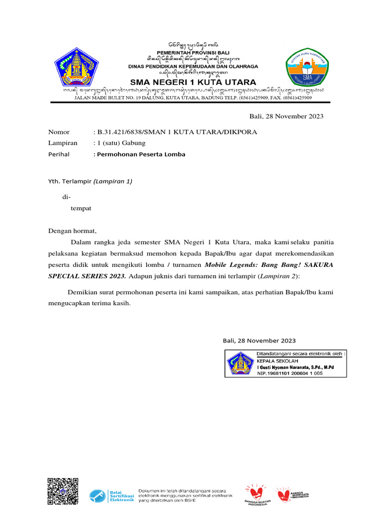 Undangan Lomba MLBB Sma N 1 Kuta Utara | PDF