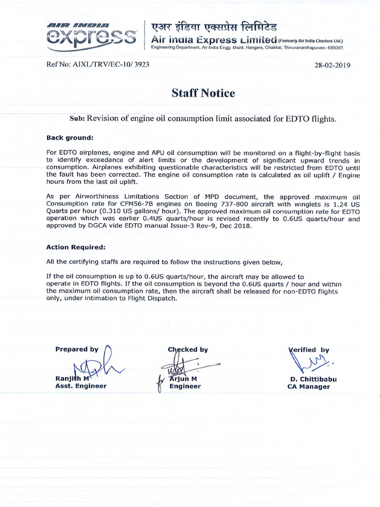 Staff Notice-3923 For Engine Oil Consumption | PDF