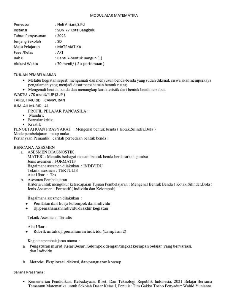 Modul Ajar Matematika - MODUL AJAR BERDEFERENSIASI MATEMATIKA BENTUK - BENTUK BANGUN - Fase A ...