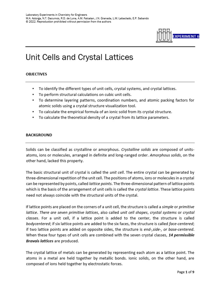 Chemistry Unit Cells & Crystal Lattices Guide | PDF | Crystal Structure ...
