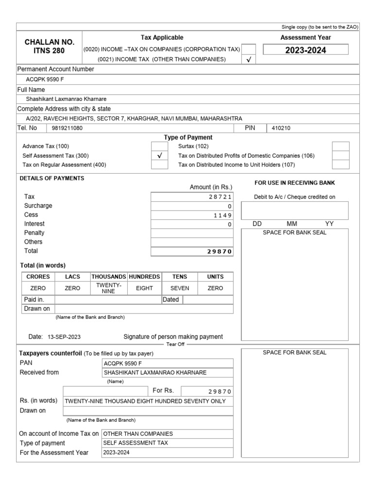 SA Tax Challan Kharnare | PDF | Payments | Cheque