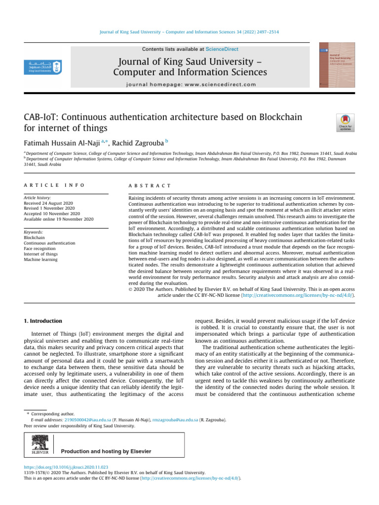 Cab Iot Continuous Authentication Architecture Based On Blockchain