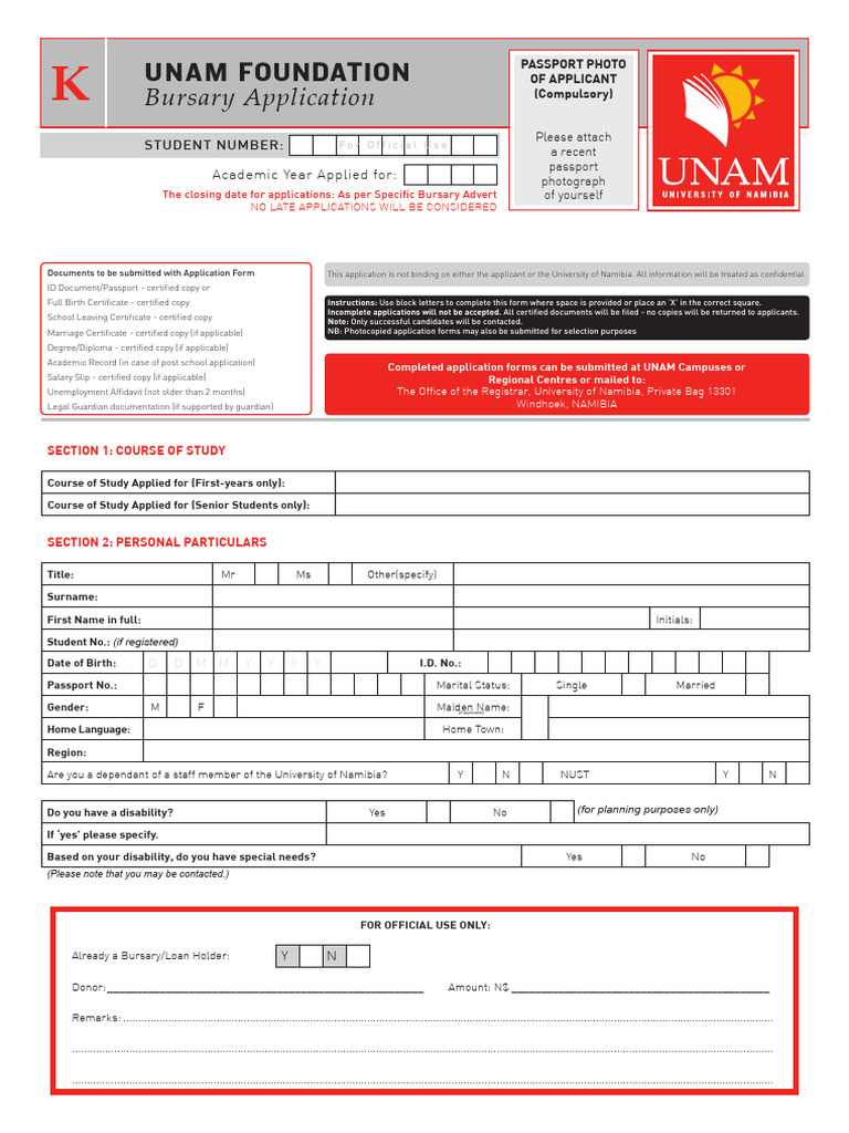 UNAM Foundation Bursary Application Form | PDF | Birth Certificate