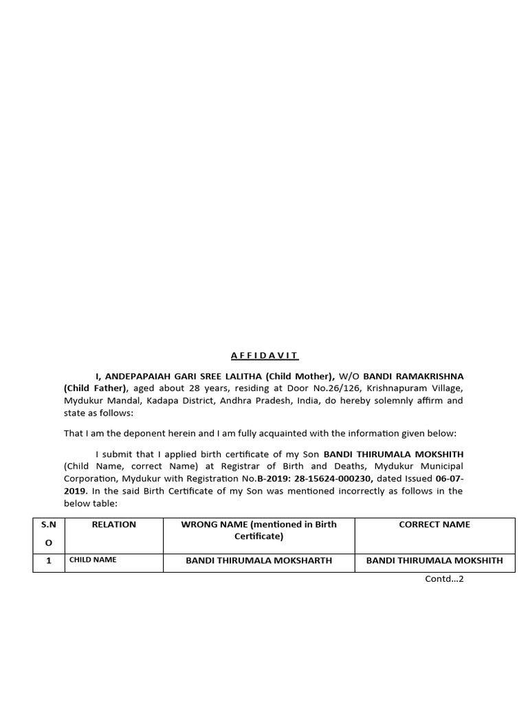 Name Correction - Date of Birth Correction Birth Certificate MUNICIPALITY - BANDI THIRUMALA ...