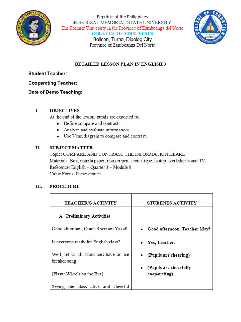 Grade 3 English: Compare and Contrast Lesson | PDF | Teachers | Lesson Plan