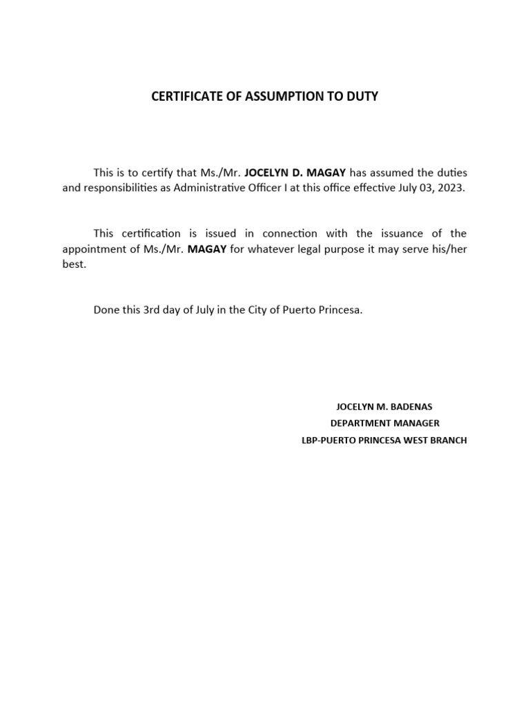 Assumption of Duties Jocelyn D. Magay | PDF