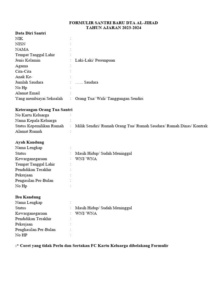 Formulir Pendaftaran Santri DTA 2023-2024 | PDF | Politik | Hukum
