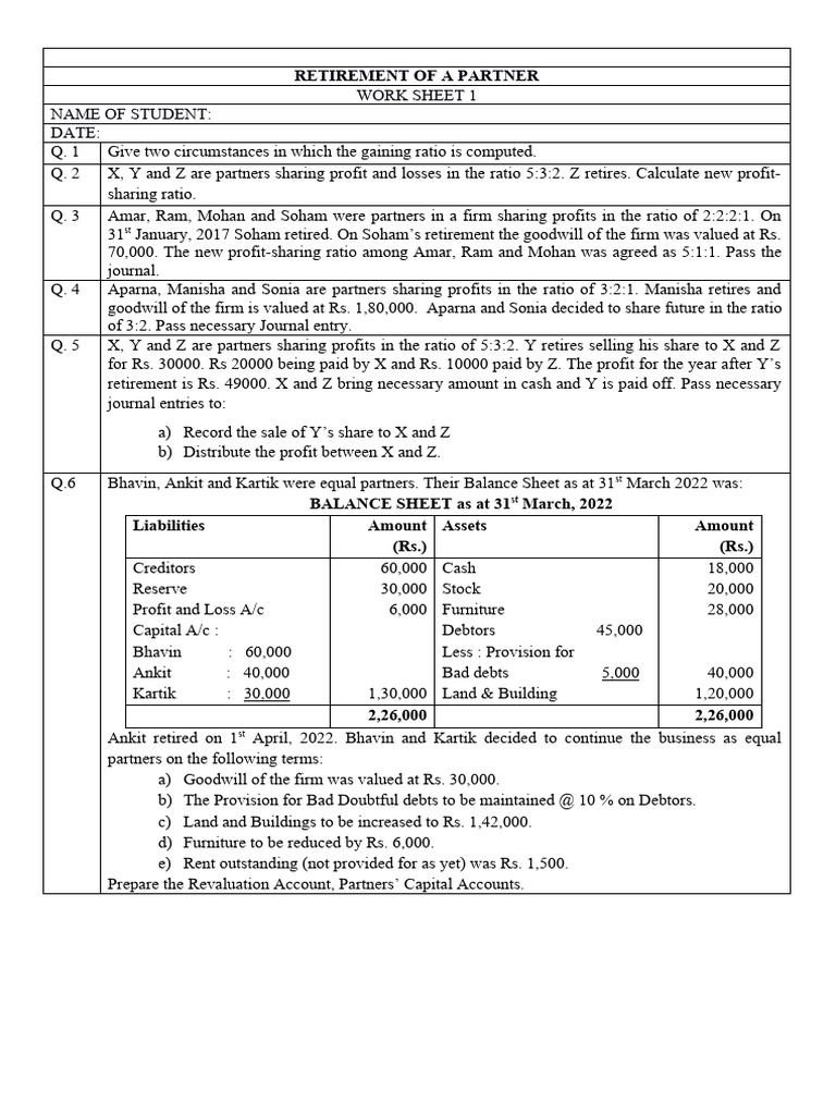 Xii Acc Retirement WS | PDF | Goodwill (Accounting) | Balance Sheet