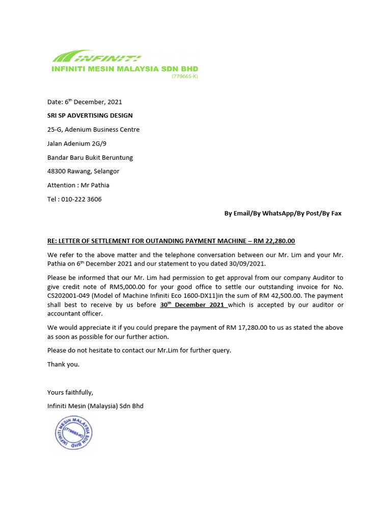 Letter of Settlement Sri SP | PDF | Business