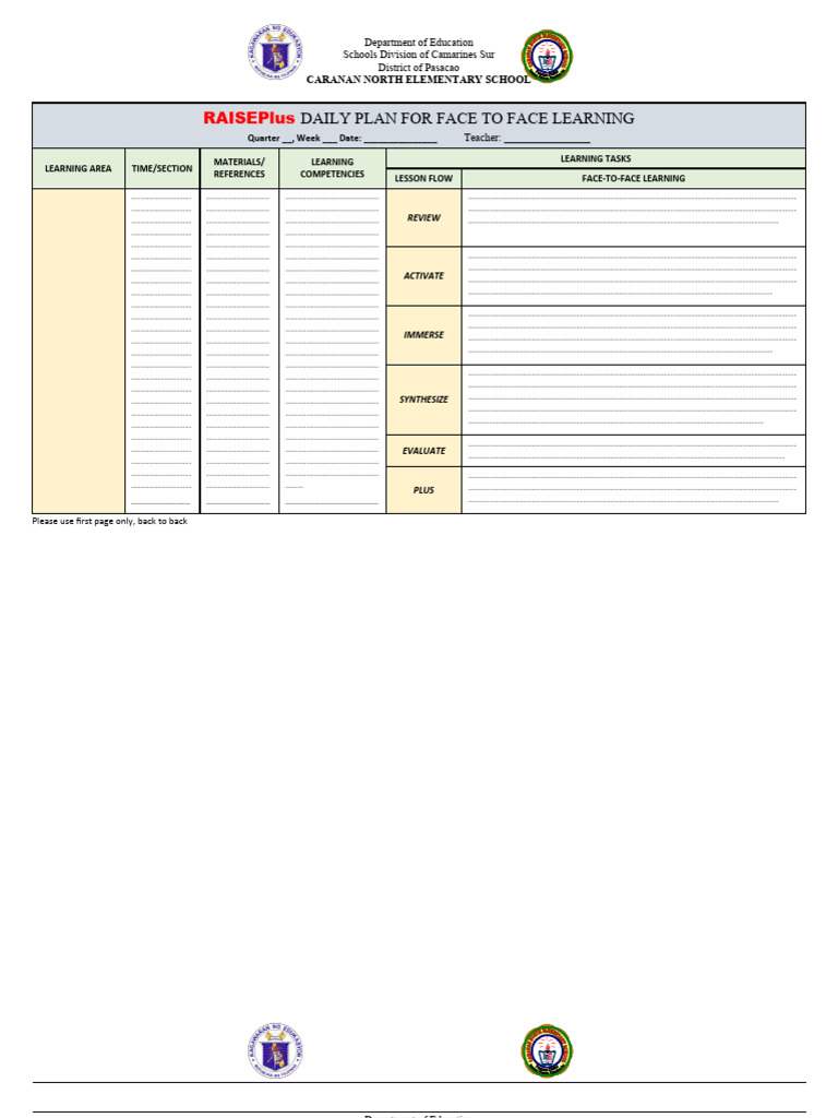 Raiseplus Daily Plan For f2f Learning For Printing | PDF