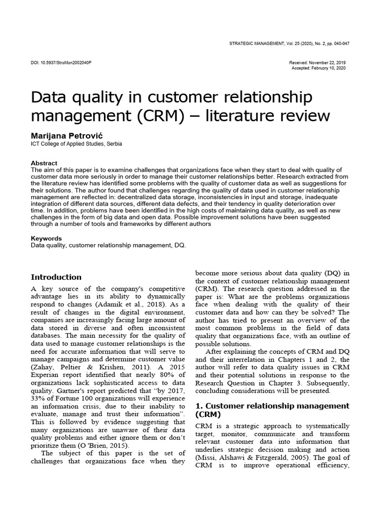 Data Quality in Customer Relationship Management (CRM) - Literature Review | PDF | Customer ...