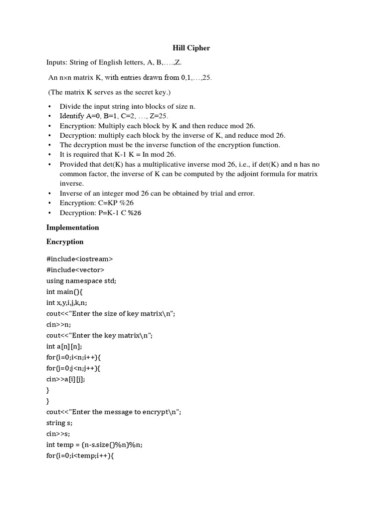Hill Cipher Pdf Encryption Matrix Mathematics