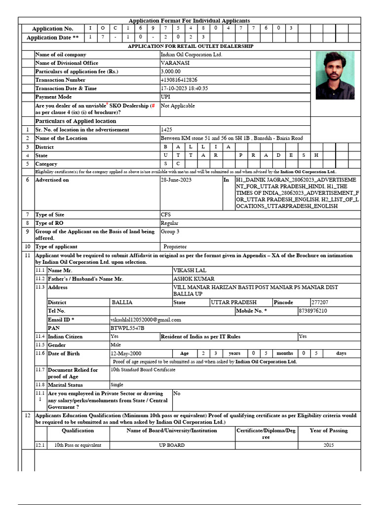 Indian Oil Petrol Pump Application 2023 | PDF | Identity Document