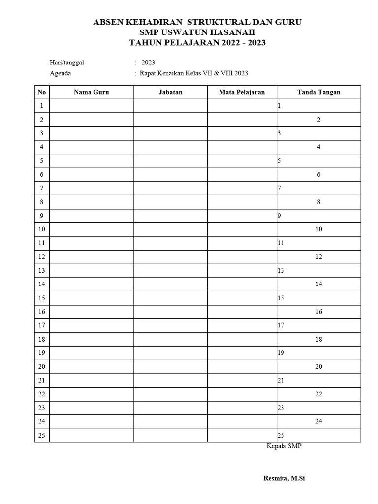 Daftar Hadir Rapat Kelulusan SMP | PDF